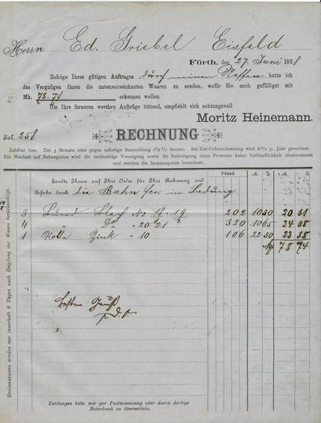 Moritz Heinemann 1888.06.27 | Historische Wertpapiere und Rechnungen